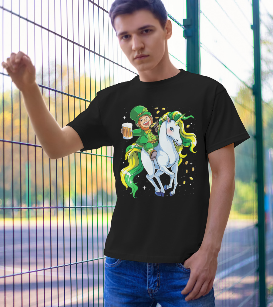 Leprechaun Riding Unicorn With Beer And Coins T-Shirt