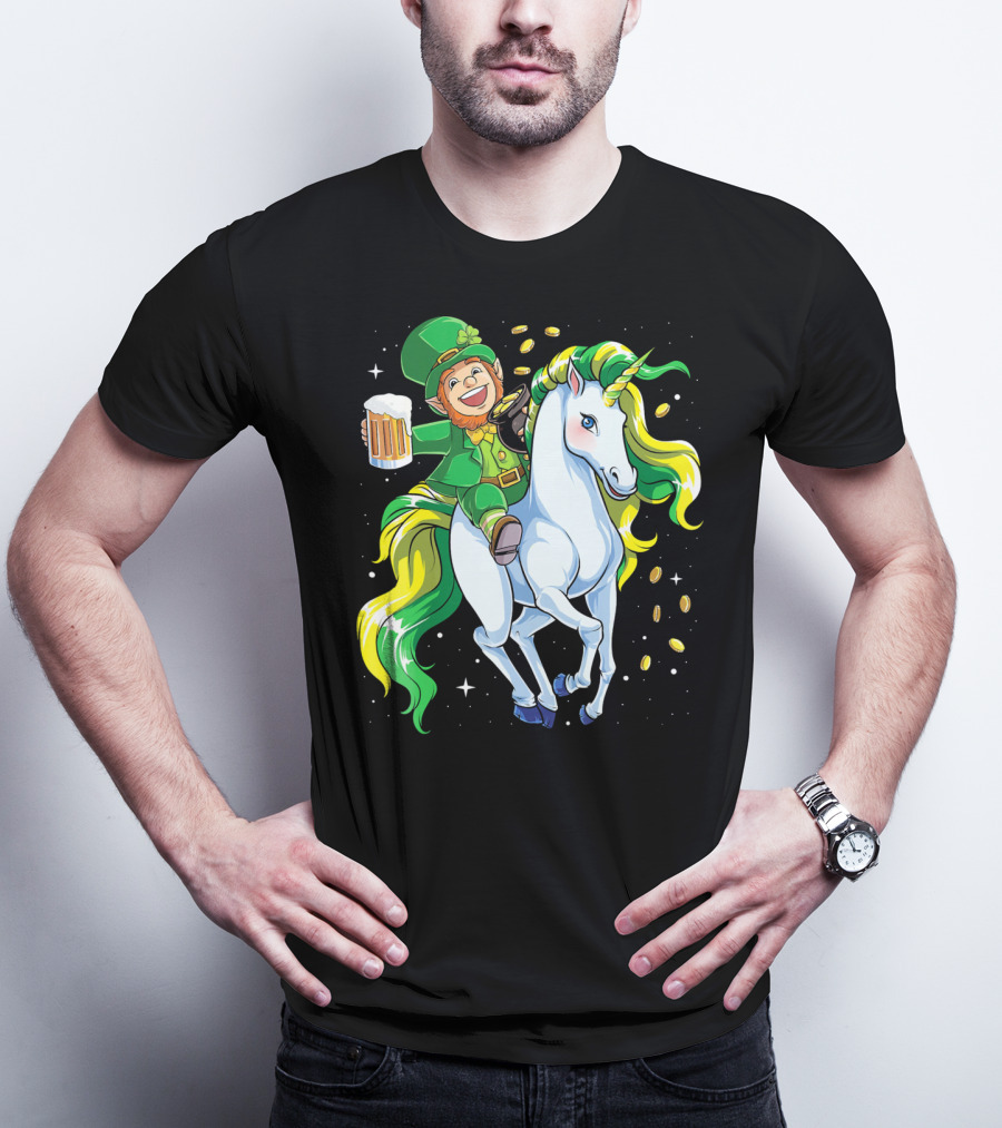 Leprechaun Riding Unicorn With Beer And Coins T-Shirt