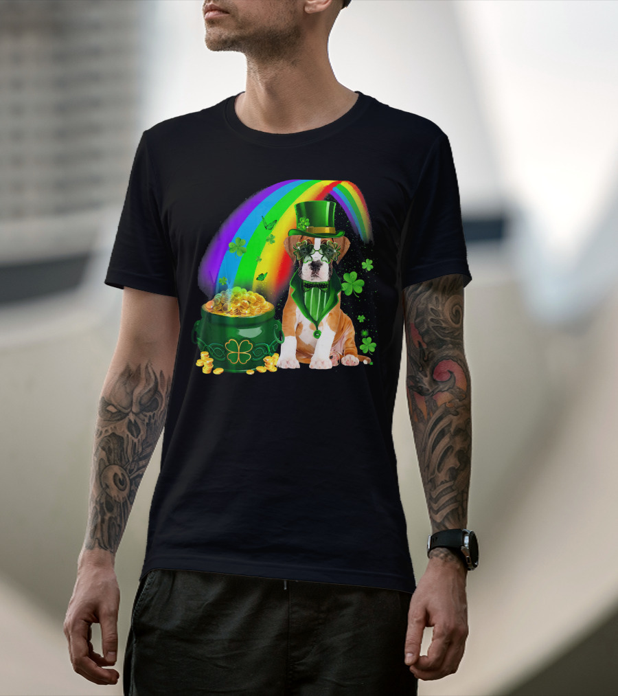 Boxer Dog Irish Leprechaun Coin Rainbow Clover Saint Patrick's Day T-Shirt