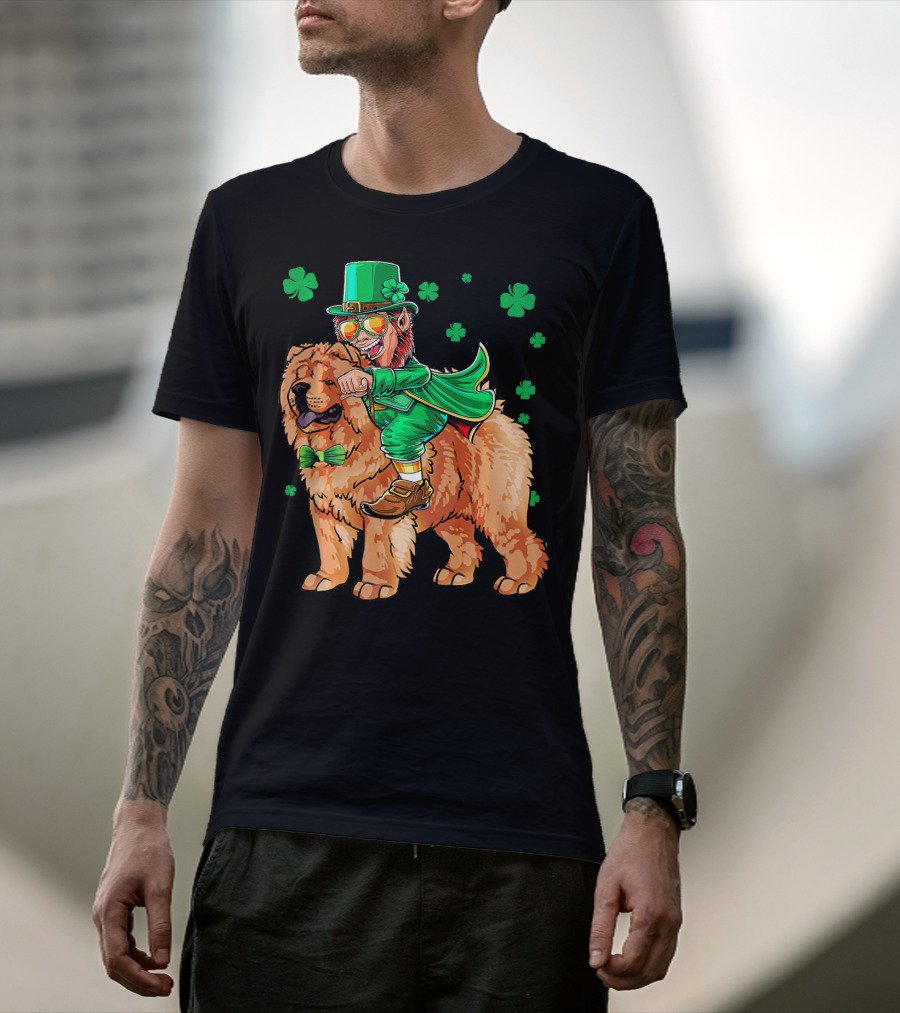 Leprechaun Riding Chow Chow With Shamrocks St. Patrick's Day T-Shirt