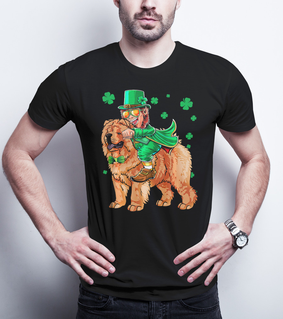 Leprechaun Riding Chow Chow With Shamrocks St. Patrick's Day T-Shirt