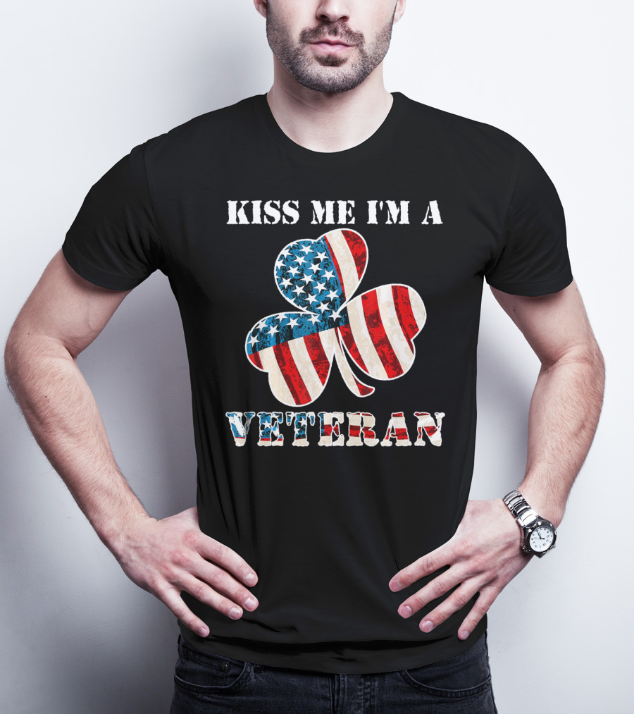 Kiss Me I'm A Veteran Patriotic Shamrock St Patricks Day T-Shirt