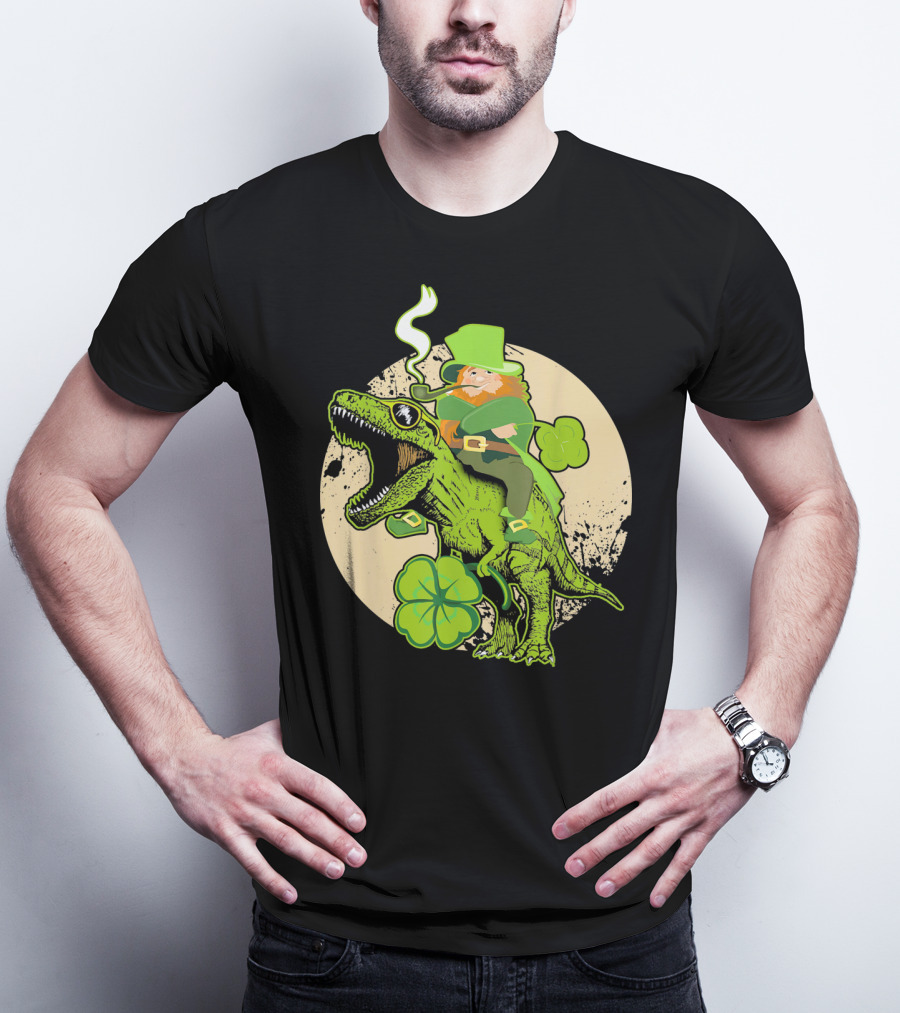 St Patricks Day Leprechaun Riding Dinosaur With Shamrocks T-Shirt