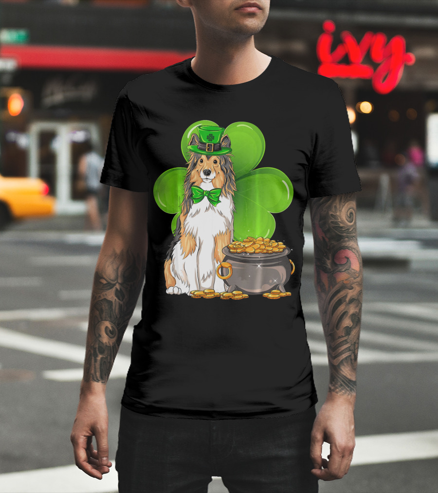 Shetland Sheepdog St Patricks Day Leprechaun Clover And Pot Of Gold T-Shirt