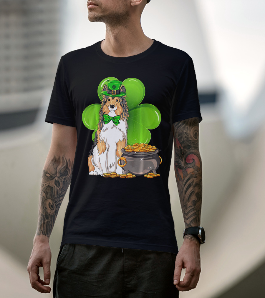 Shetland Sheepdog St Patricks Day Leprechaun Clover And Pot Of Gold T-Shirt