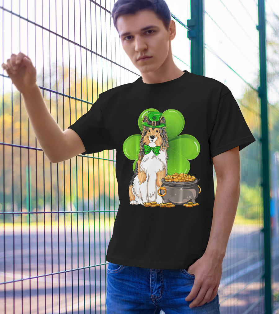 Shetland Sheepdog St Patricks Day Leprechaun Clover And Pot Of Gold T-Shirt