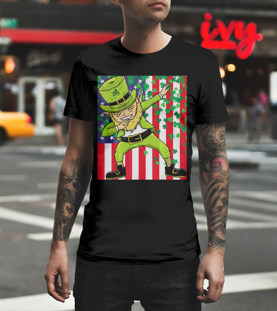 American Flag Dabbing Leprechaun St Patrick's Day Shamrocks T-Shirt