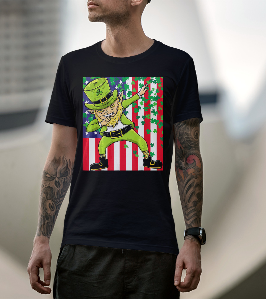 American Flag Dabbing Leprechaun St Patrick's Day Shamrocks T-Shirt