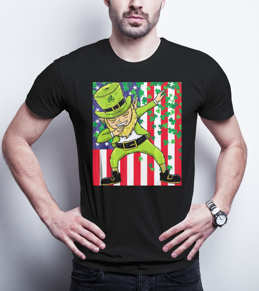 American Flag Dabbing Leprechaun St Patrick's Day Shamrocks T-Shirt
