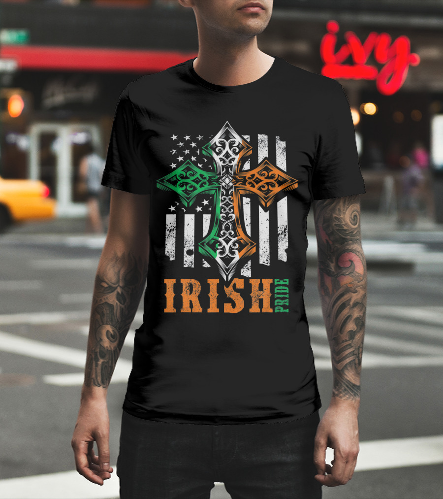 Irish Pride Celtic Cross American Flag Colors T-Shirt