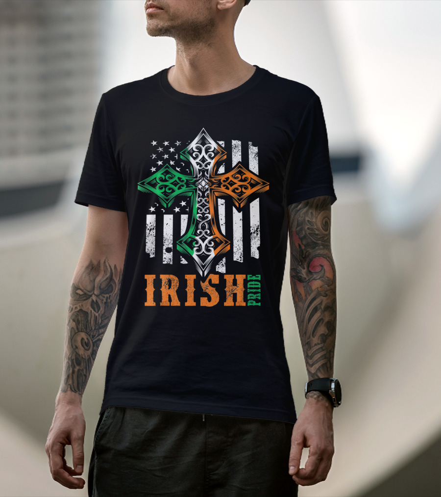 Irish Pride Celtic Cross American Flag Colors T-Shirt
