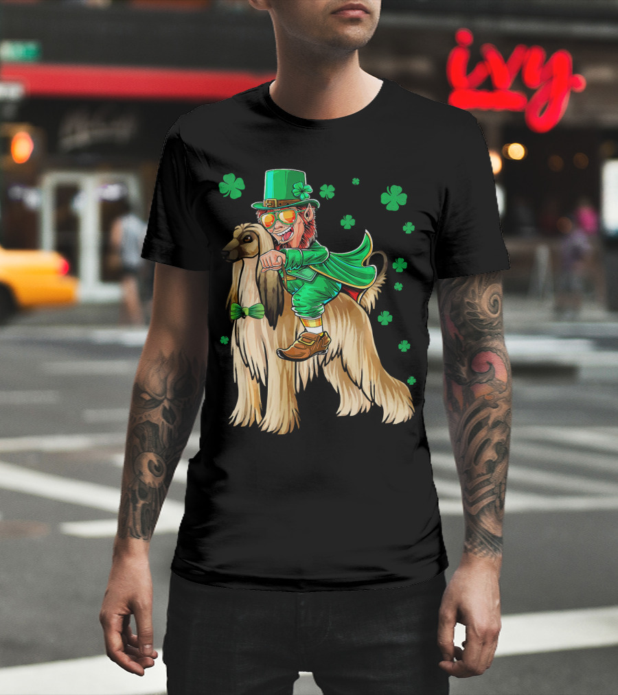 Leprechaun Riding Afghan Hound With Shamrocks St. Patrick's Day T-Shirt