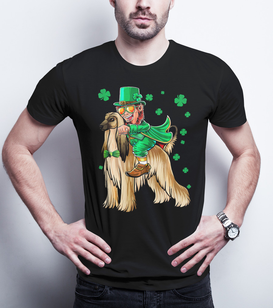 Leprechaun Riding Afghan Hound With Shamrocks St. Patrick's Day T-Shirt