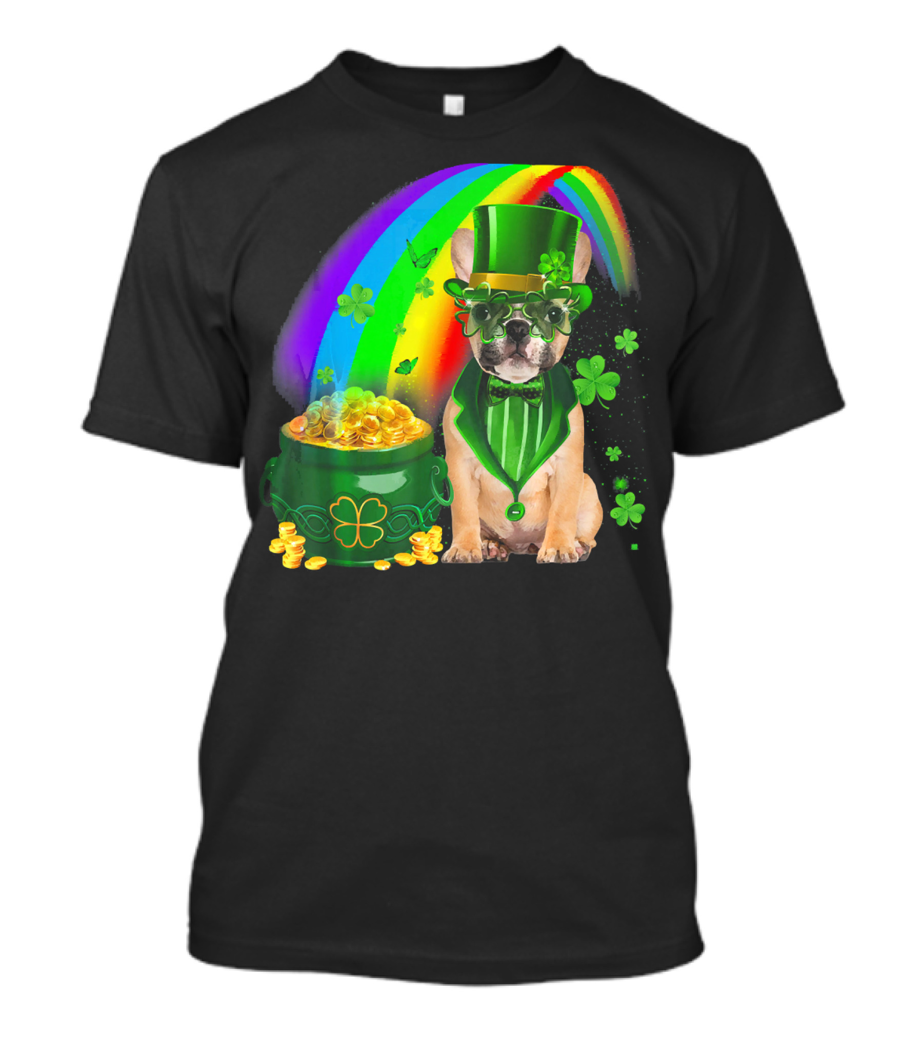 French Bulldog Irish Leprechaun With Pot Of Gold And Shamrocks T-Shirt
