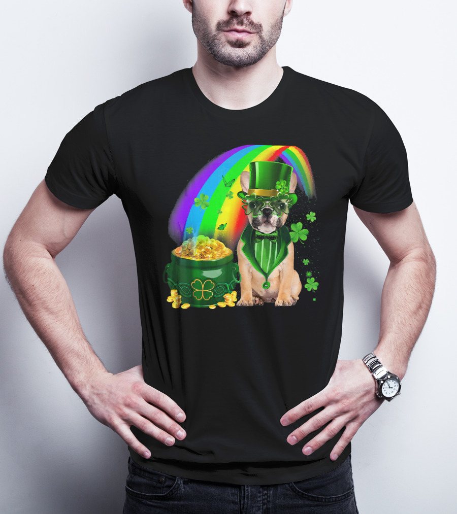 French Bulldog Irish Leprechaun With Pot Of Gold And Shamrocks T-Shirt