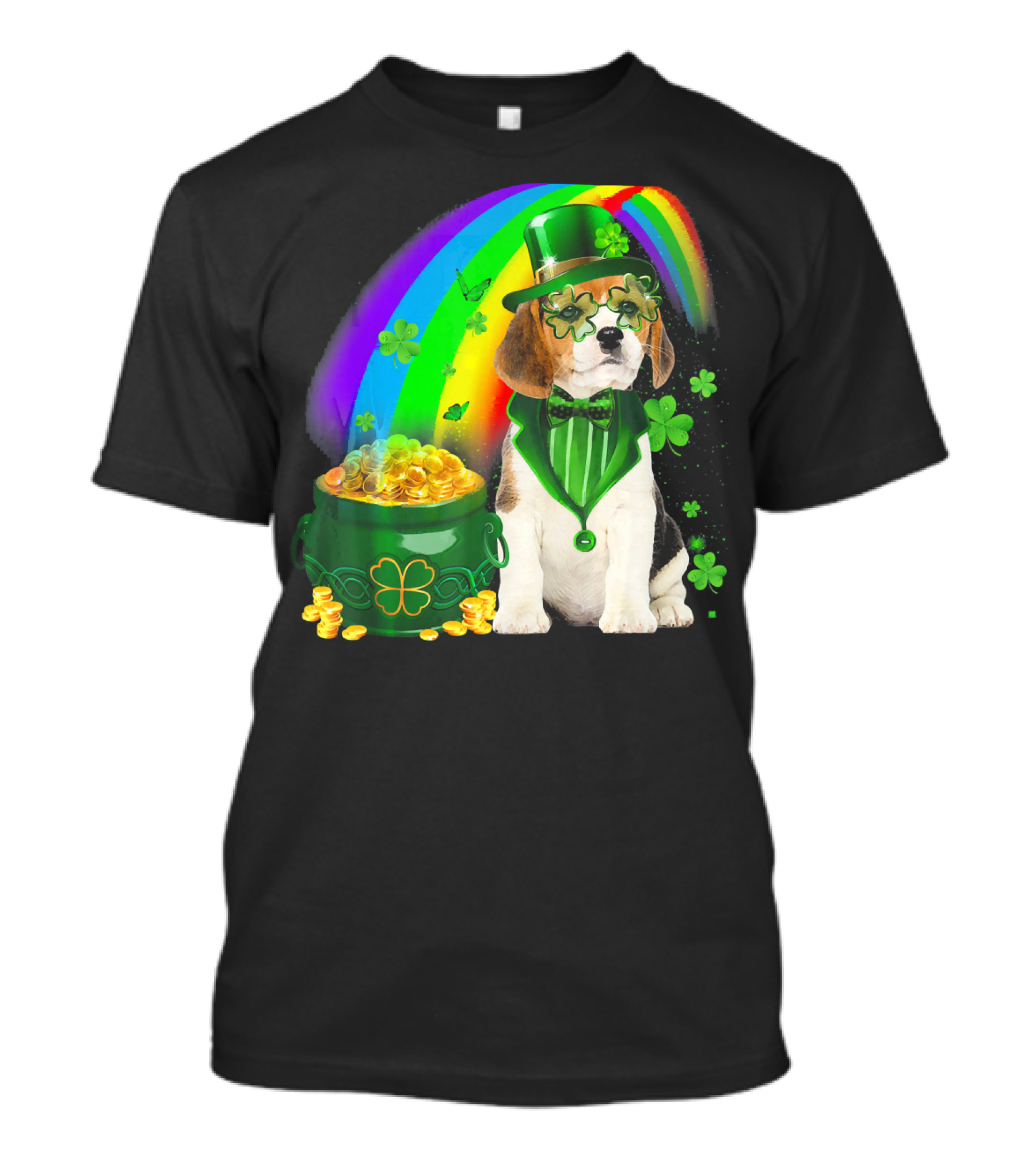 Beagle Dog Rainbow Leprechaun Hat Shamrock Coin Pot T-Shirt