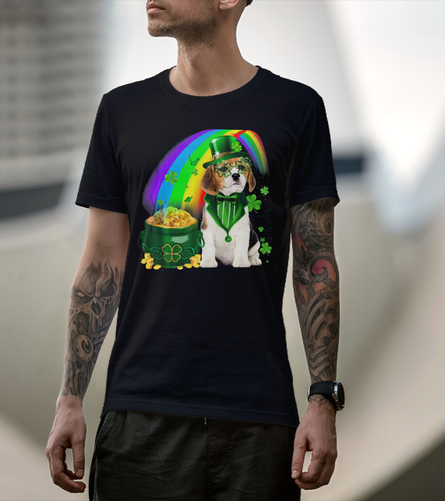 Beagle Dog Rainbow Leprechaun Hat Shamrock Coin Pot T-Shirt