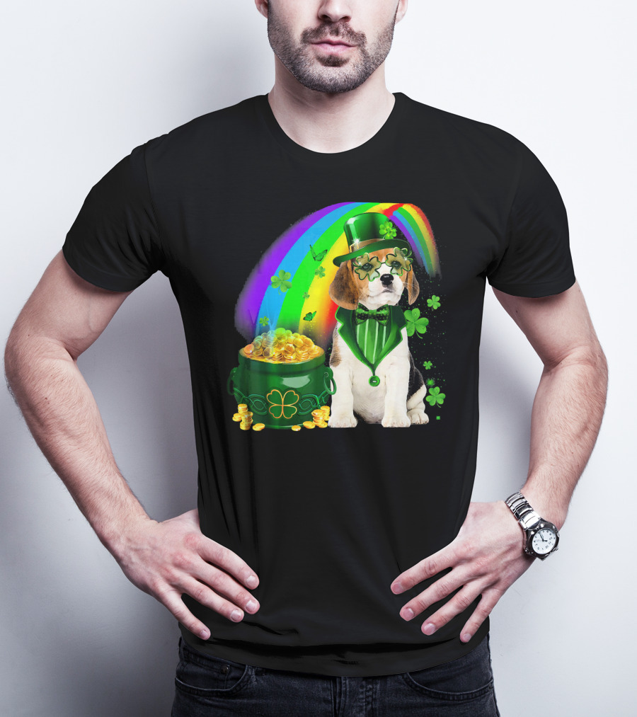 Beagle Dog Rainbow Leprechaun Hat Shamrock Coin Pot T-Shirt