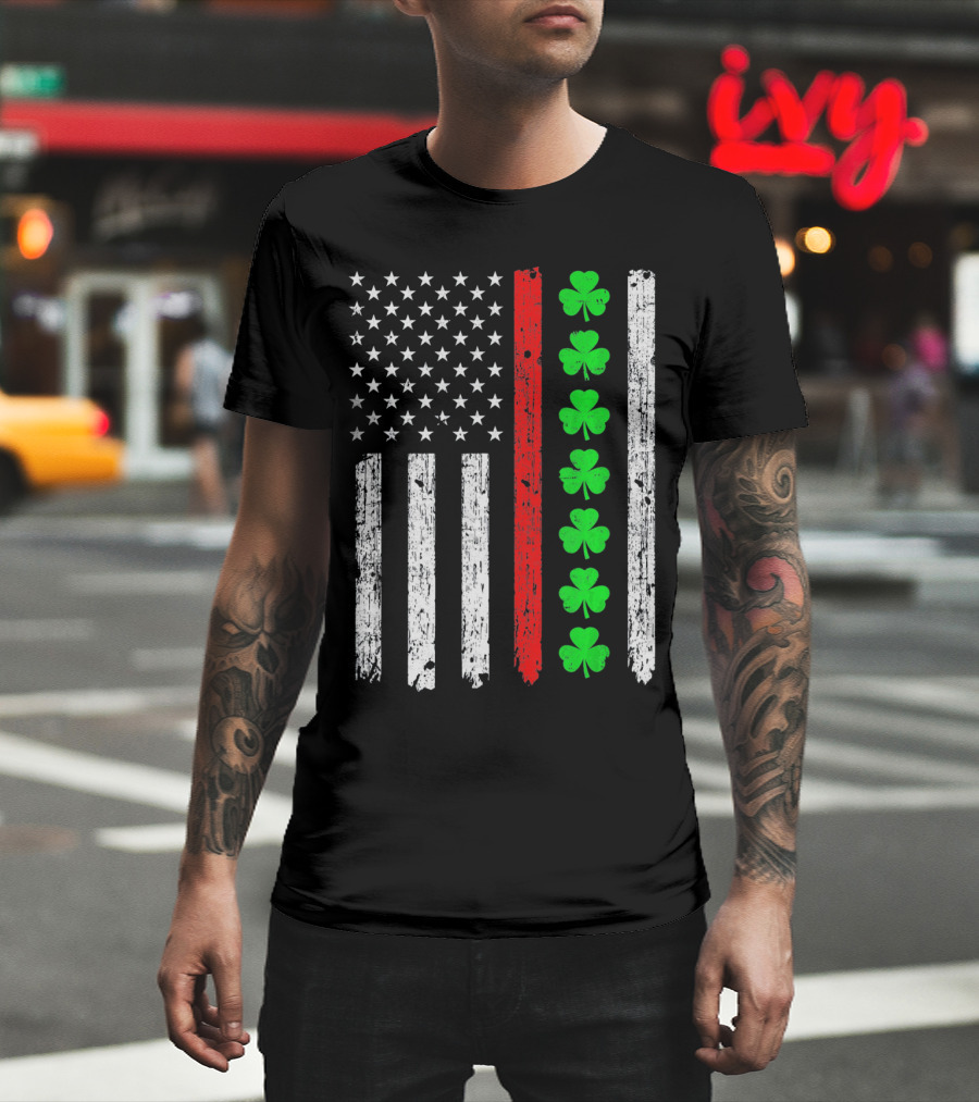 American Flag Thin Red Line Shamrock Irish St Patricks T-Shirt