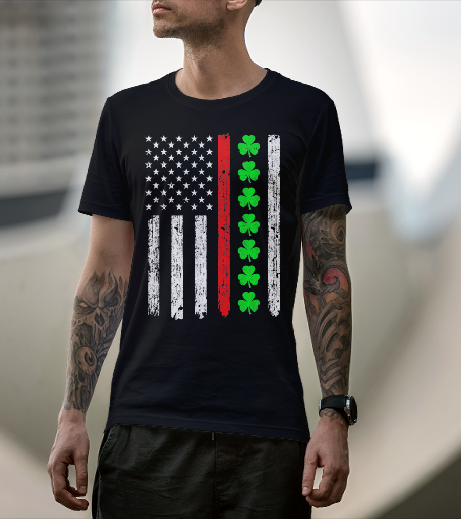 American Flag Thin Red Line Shamrock Irish St Patricks T-Shirt