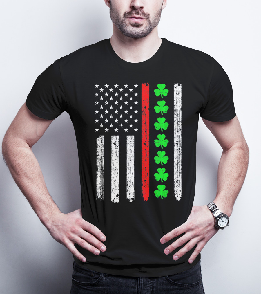 American Flag Thin Red Line Shamrock Irish St Patricks T-Shirt