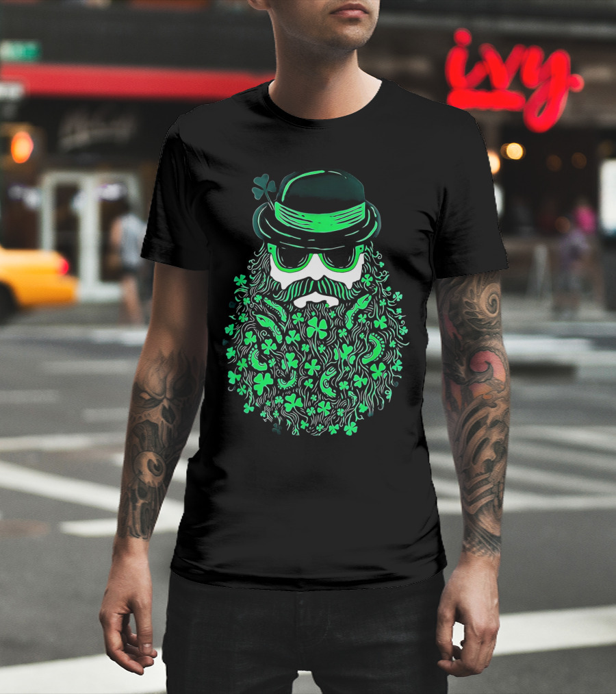 Shamrock Moustache Leprechaun St Patrick's Beard Hat Sunglasses T-Shirt