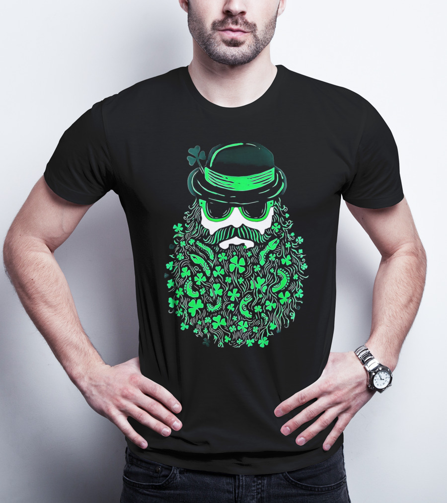 Shamrock Moustache Leprechaun St Patrick's Beard Hat Sunglasses T-Shirt