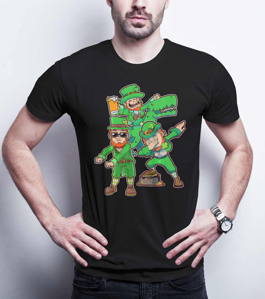 Dabbing Leprechaun Flossing Dinosaur Beer Pot Of Gold T-Shirt
