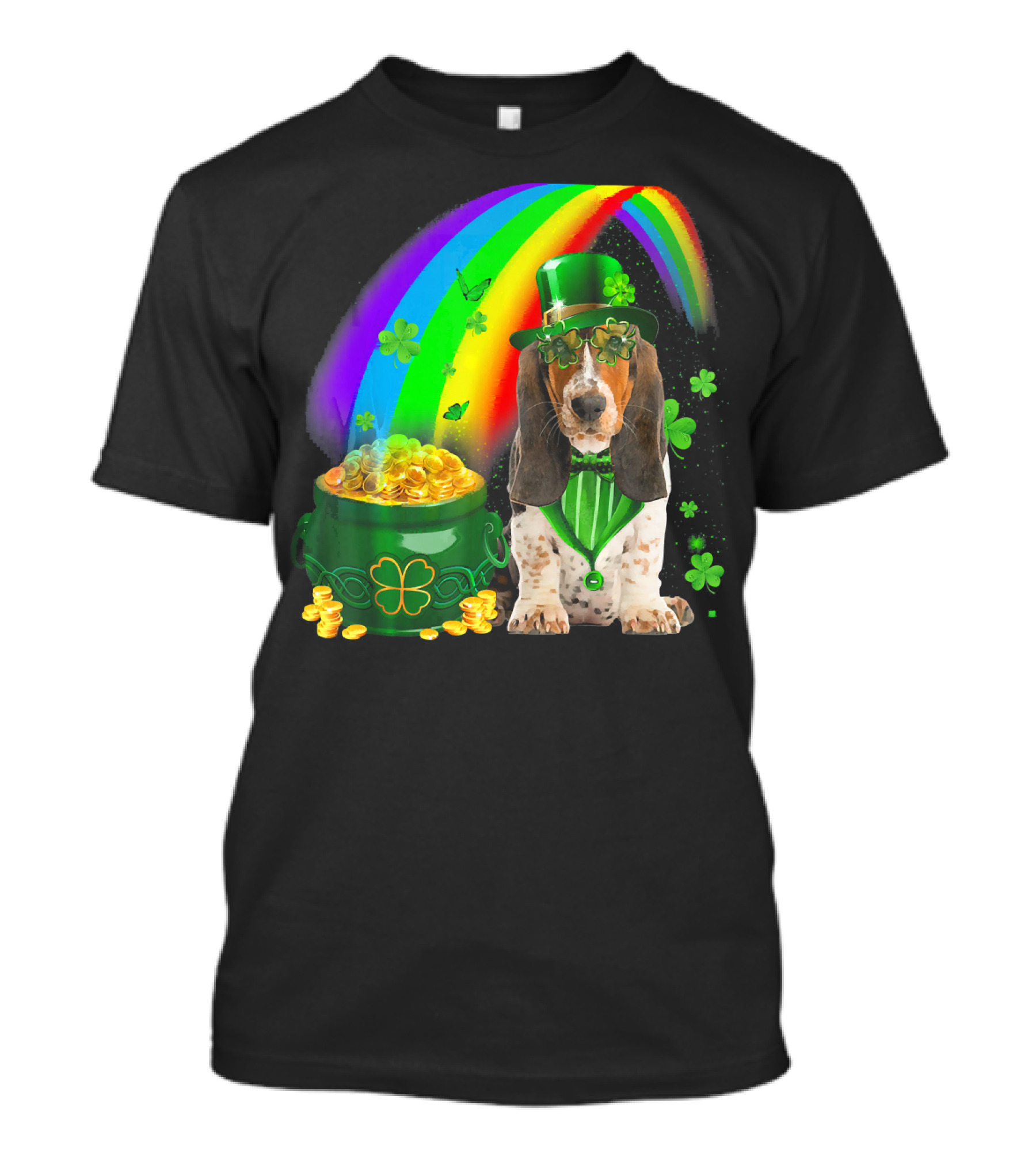 Basset Hound With Leprechaun Hat Rainbow And Pot Of Gold T-Shirt