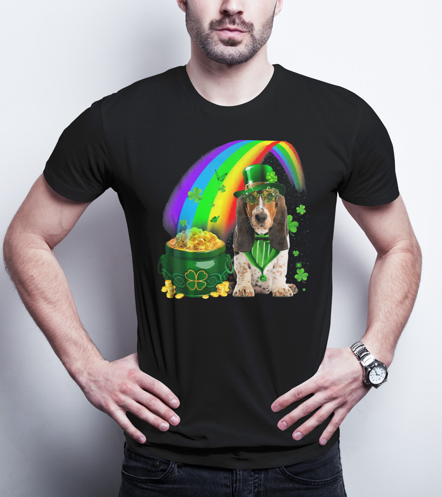 Basset Hound With Leprechaun Hat Rainbow And Pot Of Gold T-Shirt