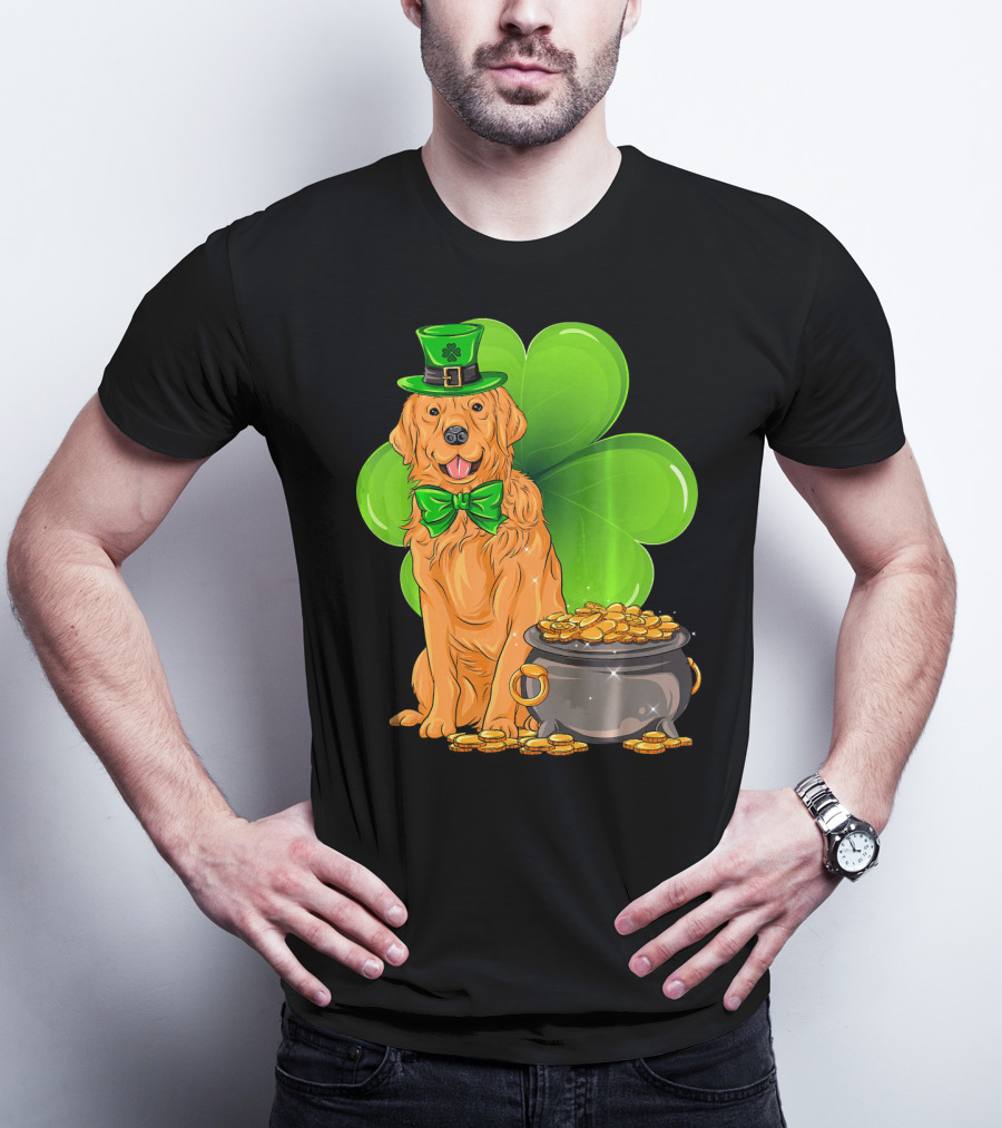 Golden Retriever St Patricks Day Leprechaun With Shamrock And Pot Of Gold T-Shirt