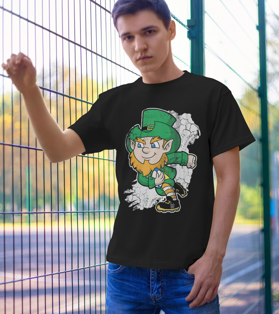 Irish Rugby Leprechaun With Rugby Ball On Cracked Background T-Shirt