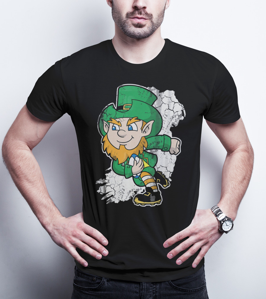 Irish Rugby Leprechaun With Rugby Ball On Cracked Background T-Shirt