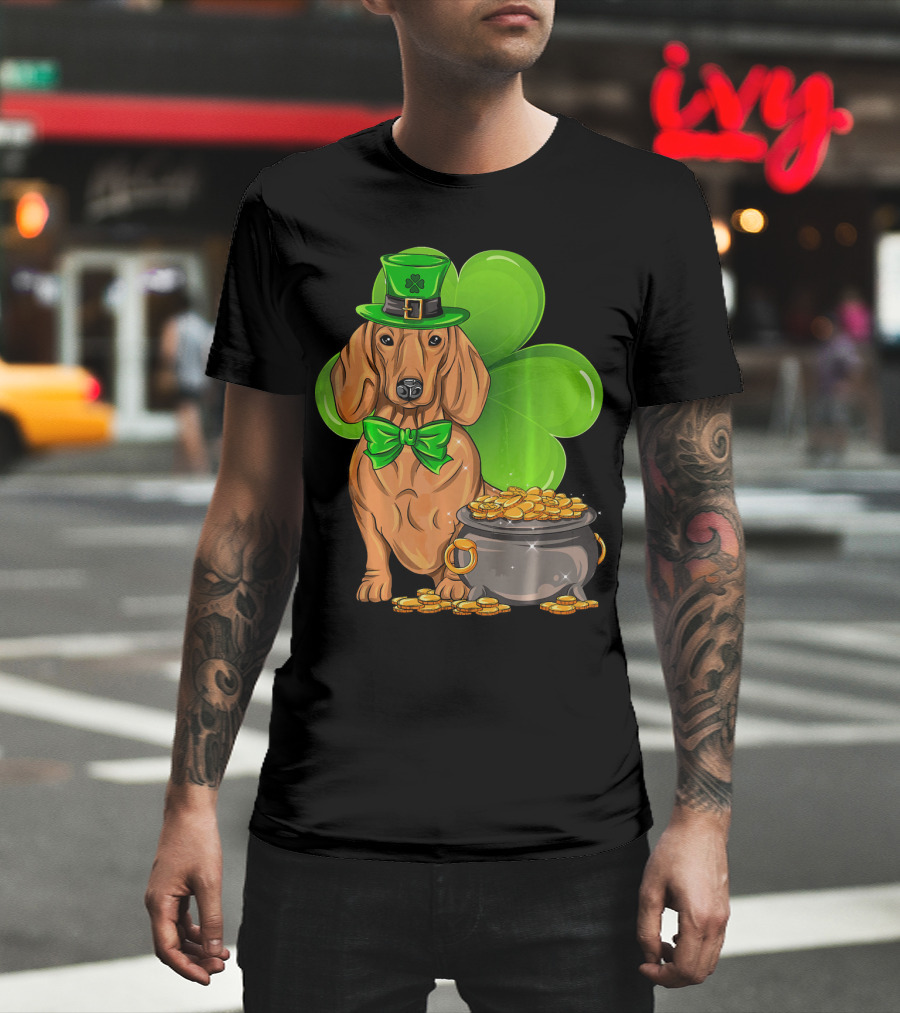 Dachshund St Patricks Day Leprechaun Dog Shamrock Hat Pot Of Gold T-Shirt