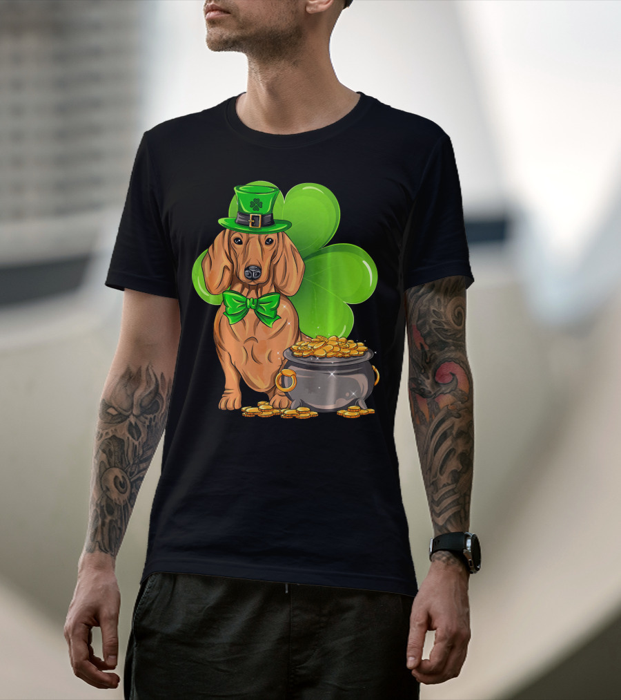 Dachshund St Patricks Day Leprechaun Dog Shamrock Hat Pot Of Gold T-Shirt