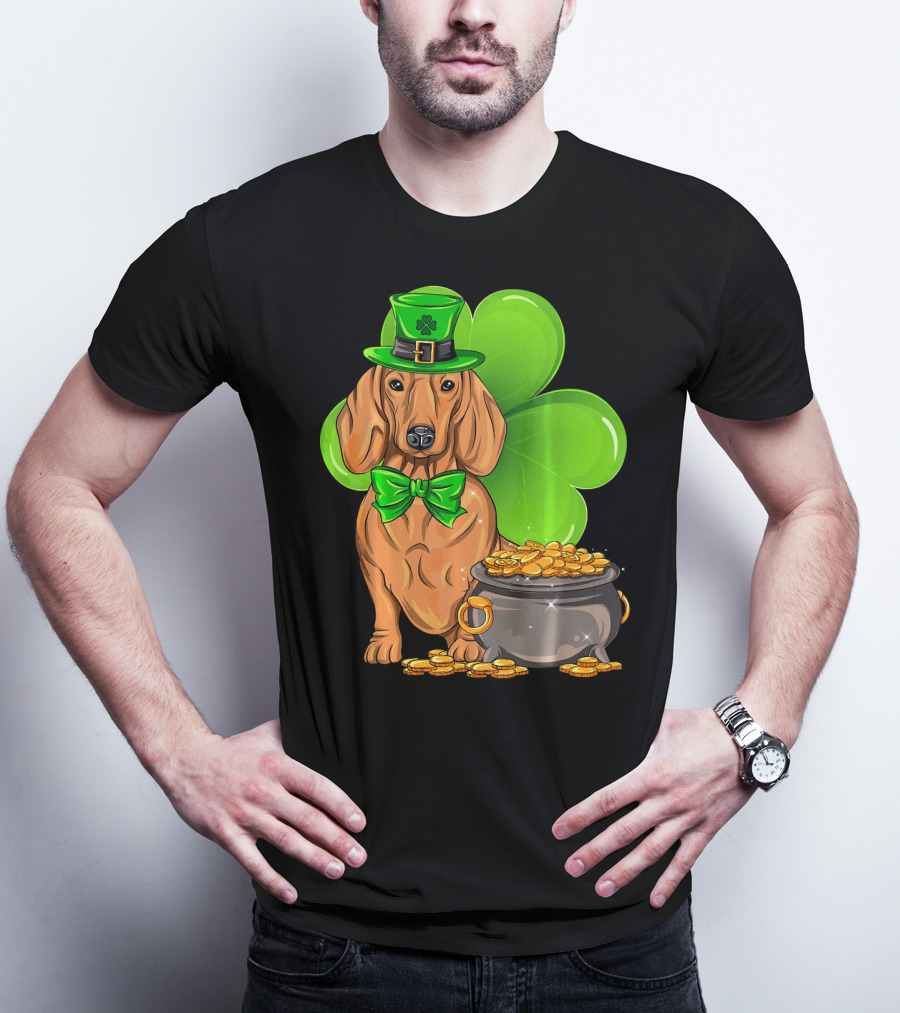 Dachshund St Patricks Day Leprechaun Dog Shamrock Hat Pot Of Gold T-Shirt