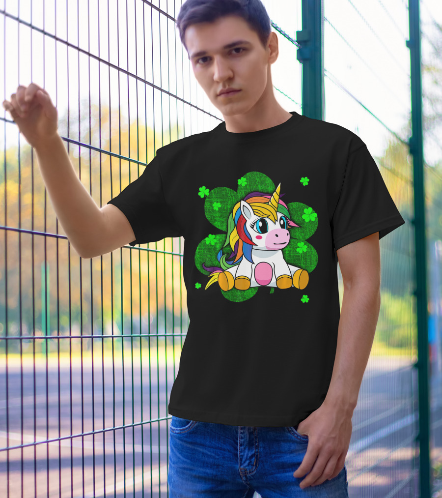 Cute Kids Unicorn Girls St Patrick Clover Rainbow T-Shirt