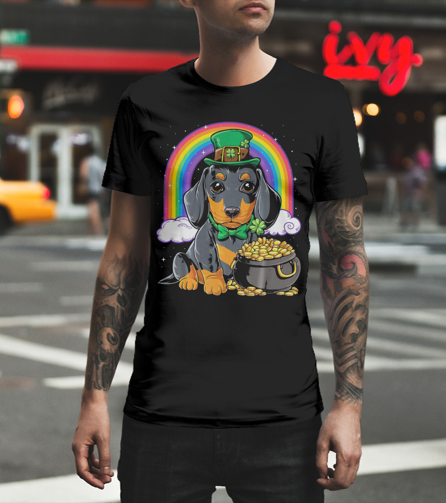 Dachshund Leprechaun Hat Rainbow Pot Of Gold T-Shirt