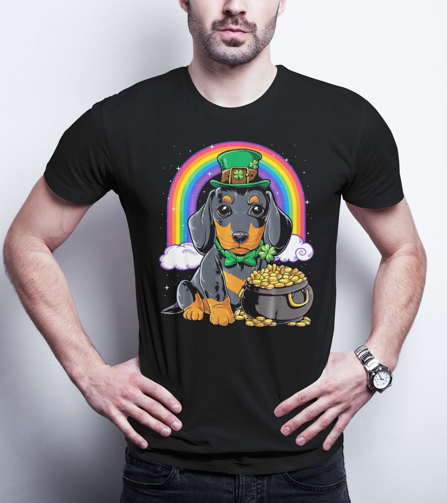 Dachshund Leprechaun Hat Rainbow Pot Of Gold T-Shirt