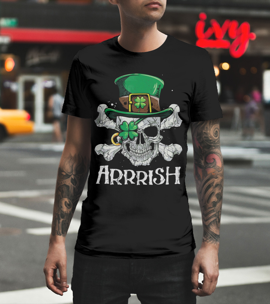 Arrrish Leprechaun Pirate Skull With Green Hat And Clover Eyepatch T-Shirt