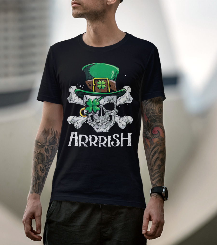 Arrrish Leprechaun Pirate Skull With Green Hat And Clover Eyepatch T-Shirt