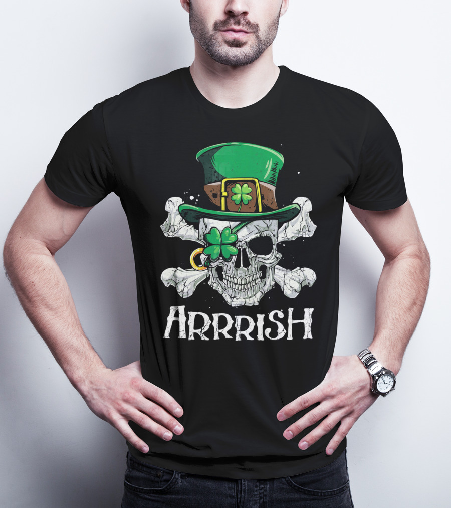 Arrrish Leprechaun Pirate Skull With Green Hat And Clover Eyepatch T-Shirt