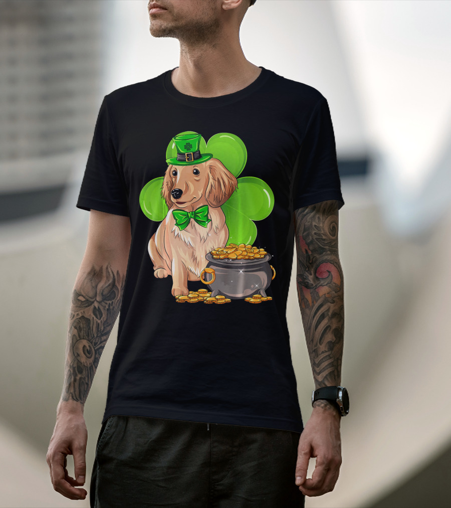 Miniature Dachshund St Patricks Day Leprechaun With Shamrock And Pot Of Gold T-Shirt