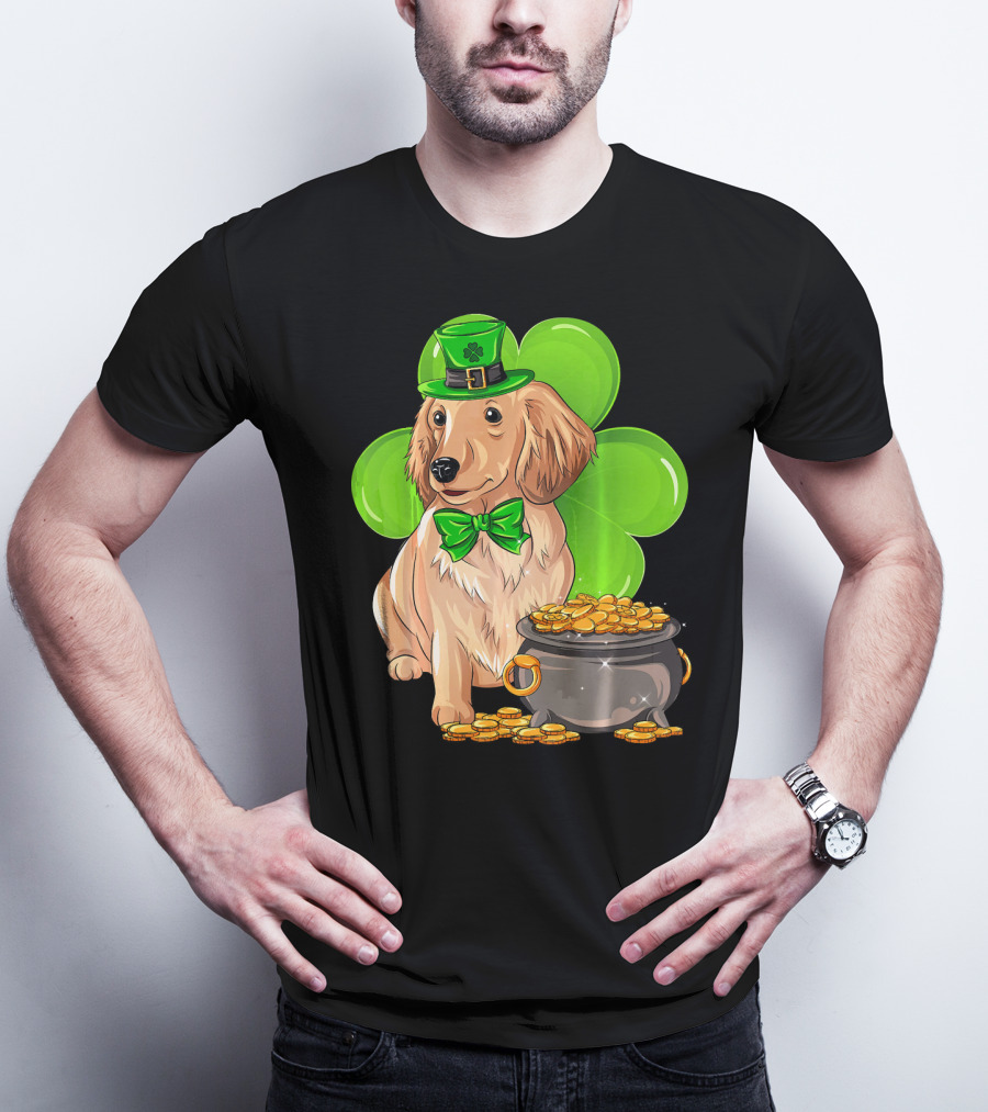 Miniature Dachshund St Patricks Day Leprechaun With Shamrock And Pot Of Gold T-Shirt