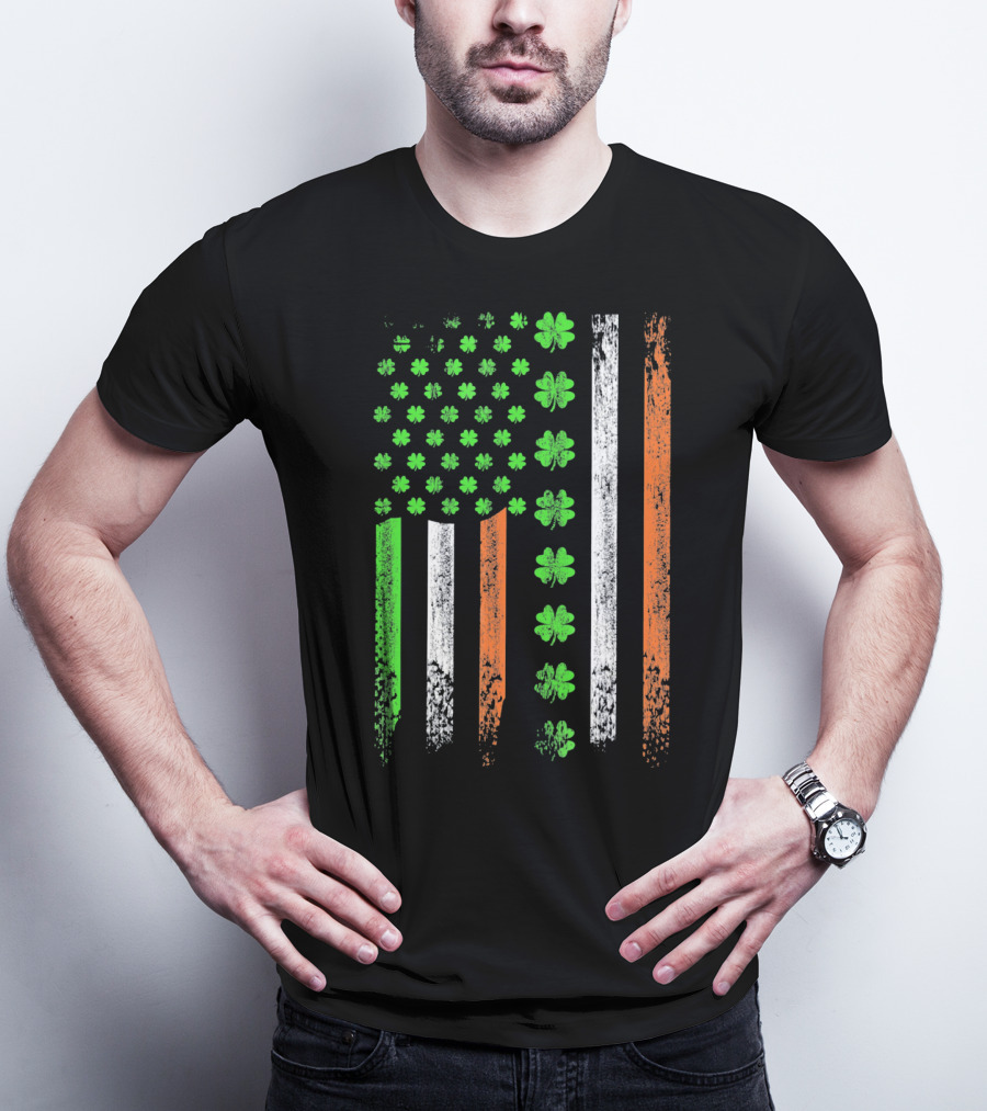 St Patricks Day US Flag With Shamrocks And Irish Colors T-Shirt