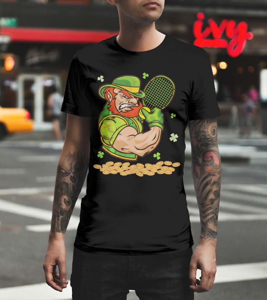 Leprechaun Playing Tennis With Shamrocks And Gold Coins T-Shirt
