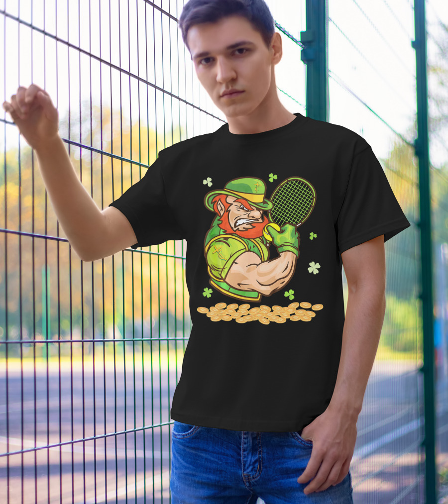 Leprechaun Playing Tennis With Shamrocks And Gold Coins T-Shirt