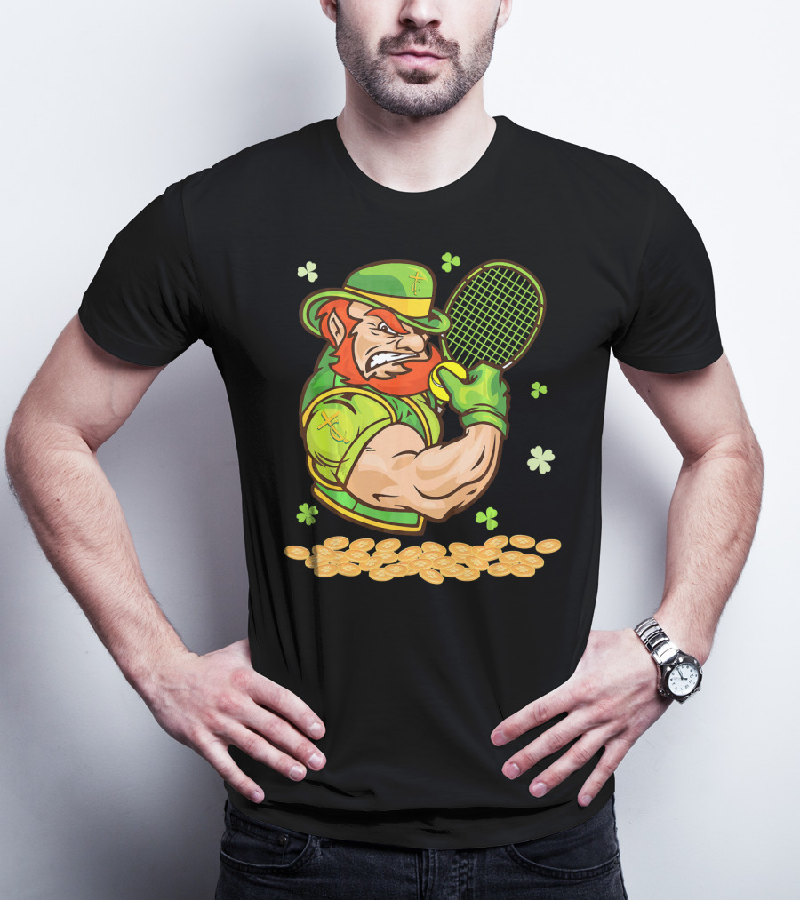 Leprechaun Playing Tennis With Shamrocks And Gold Coins T-Shirt