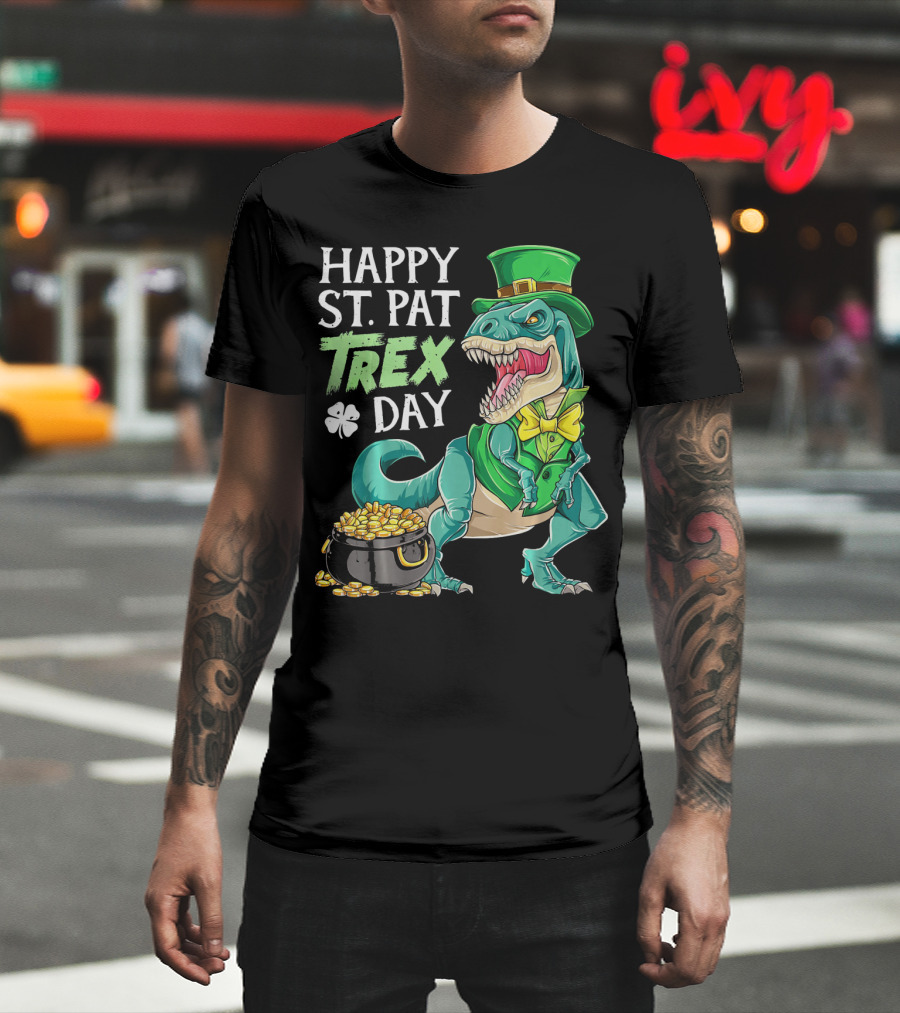 Happy St Pat Trex Day Leprechaun Dinosaur With Pot Of Gold And Clover T-Shirt