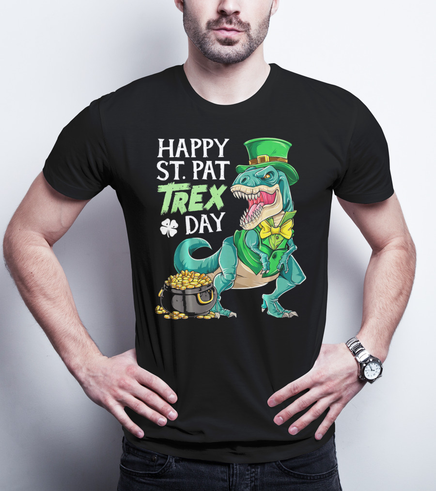 Happy St Pat Trex Day Leprechaun Dinosaur With Pot Of Gold And Clover T-Shirt